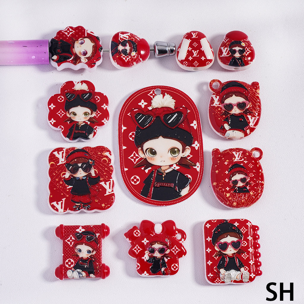 VL Red Pop Mart Cute Girl Character Acrylic Beads, Random Mix, SH ...